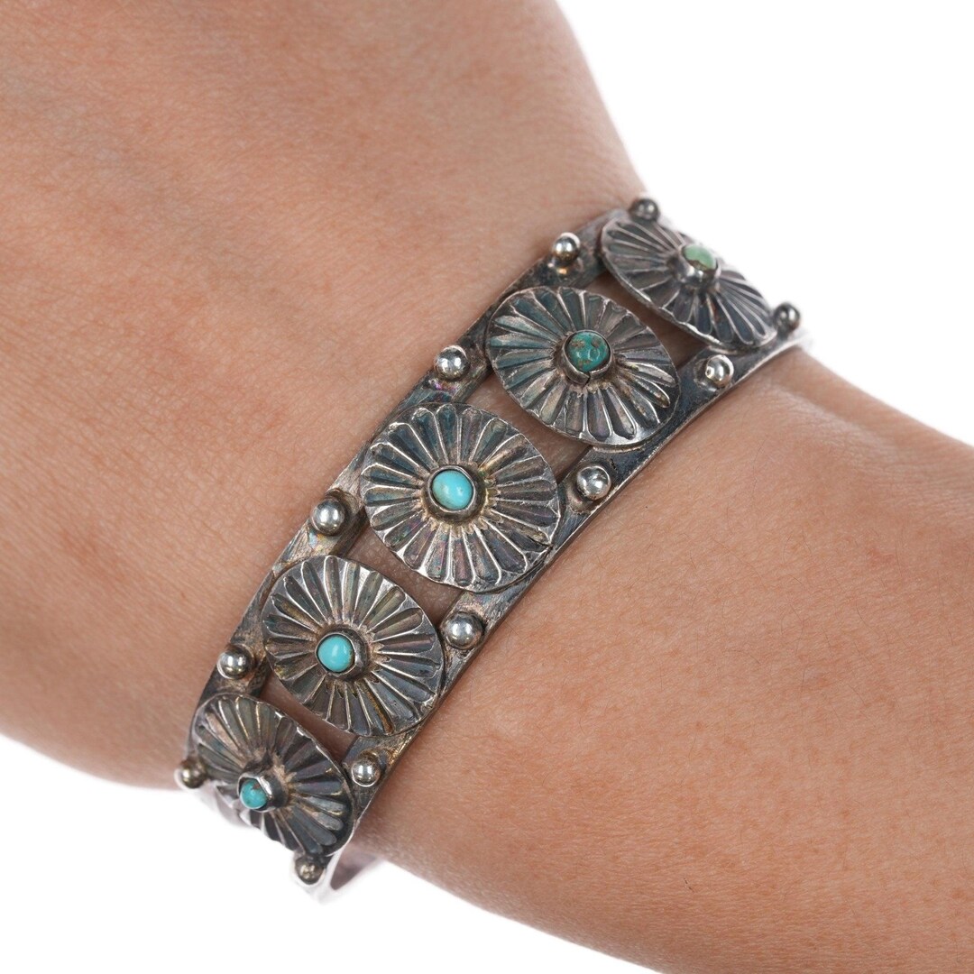 6 3/8 20's-30's Navajo Ingot Silver Conchos Snake Eye Turquoise Cuff ...