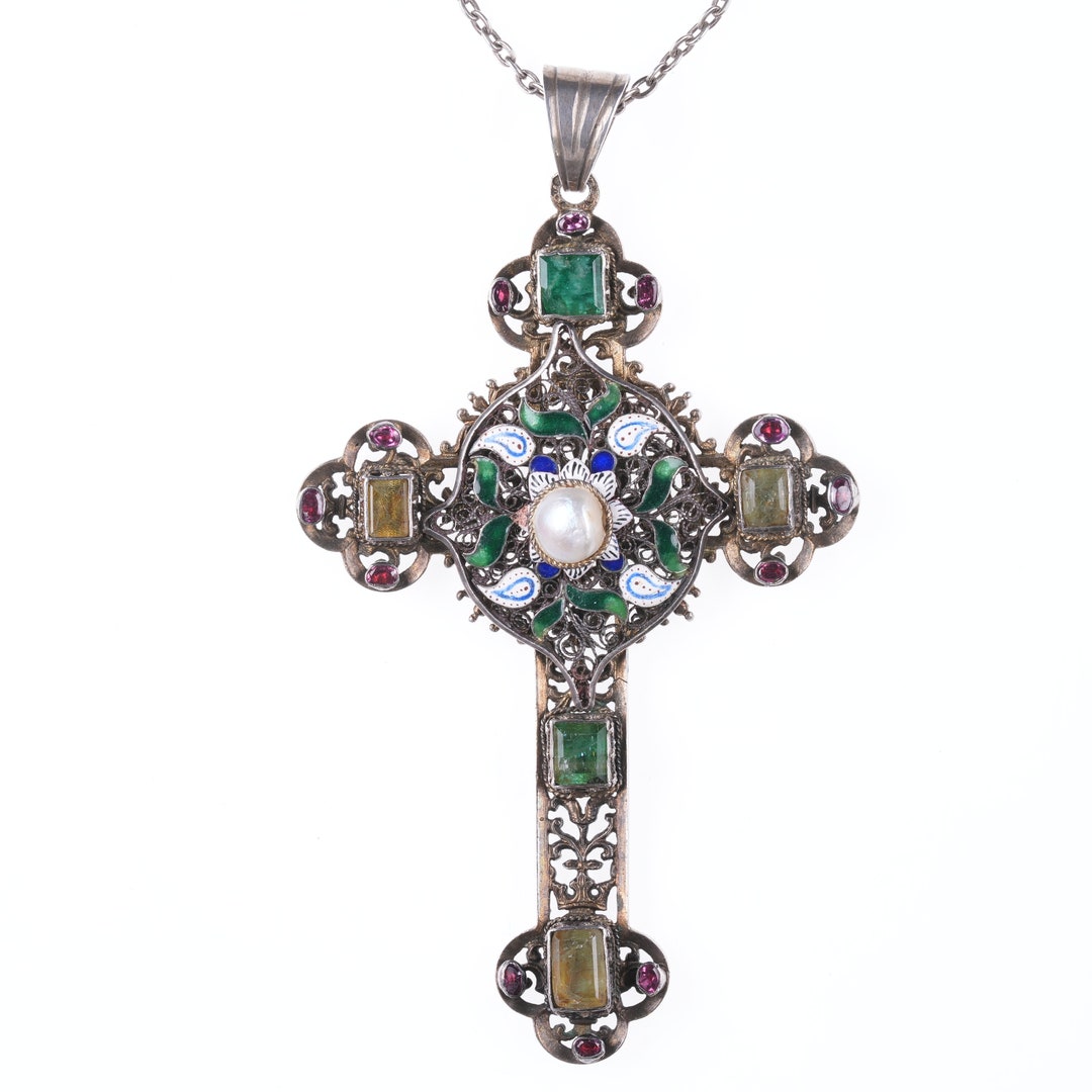 Antique Spanish Colonial Style Gemset Gilt Silver Enamel Cross Pendant ...