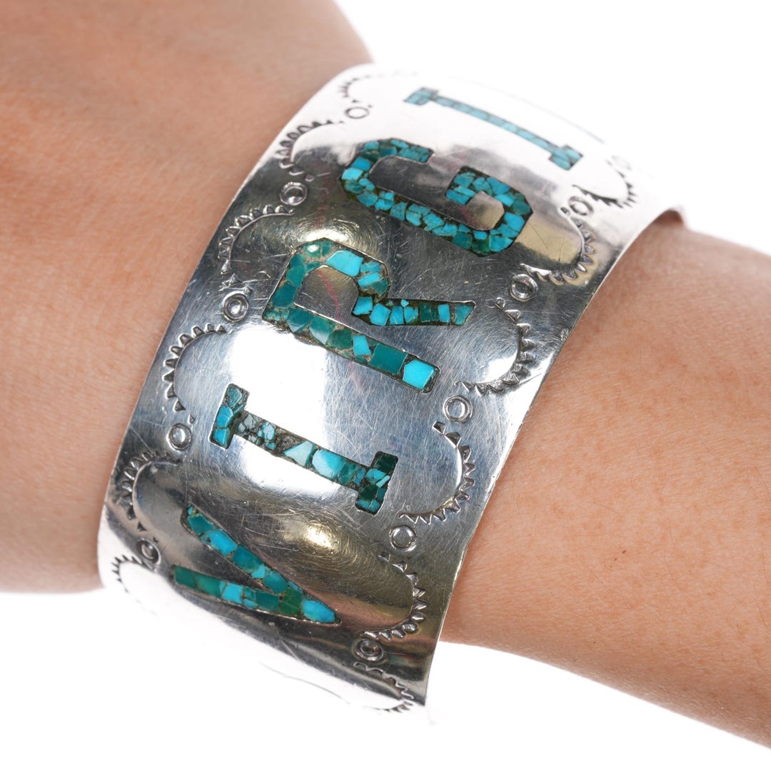 6 5/8" 1970's E.L. Navajo Sterling Chip Inlay Virginia Cuff Bracelet - Etsy