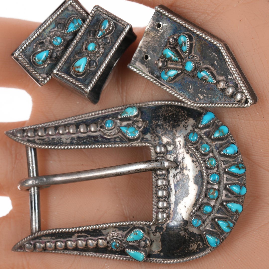 40's-50's Zuni High Grade Bisbee Turquoise Petit Point Silver Ranger ...