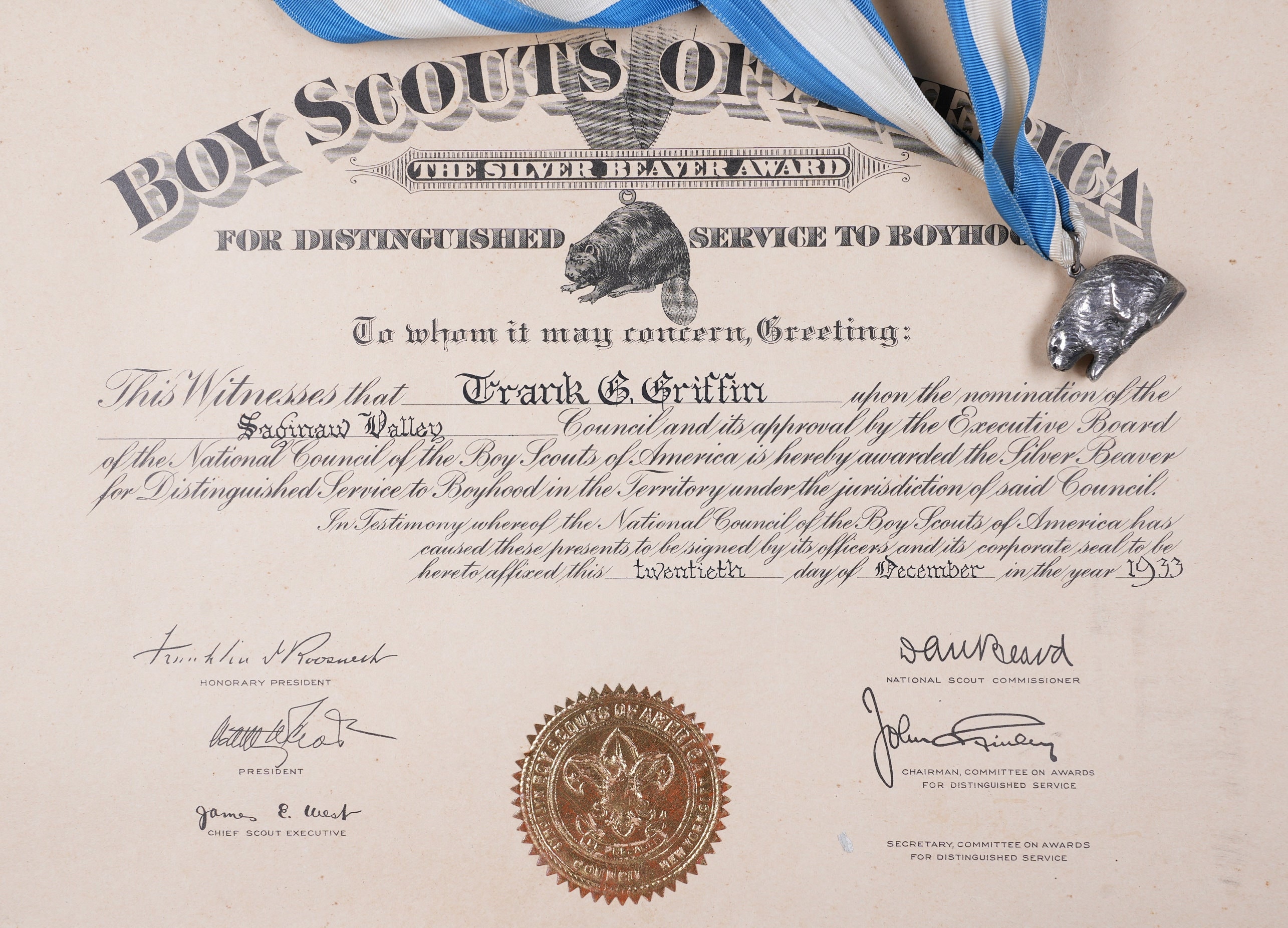 1933 Boy Scout Silver Beaver Award With Certificate Frank | Etsy