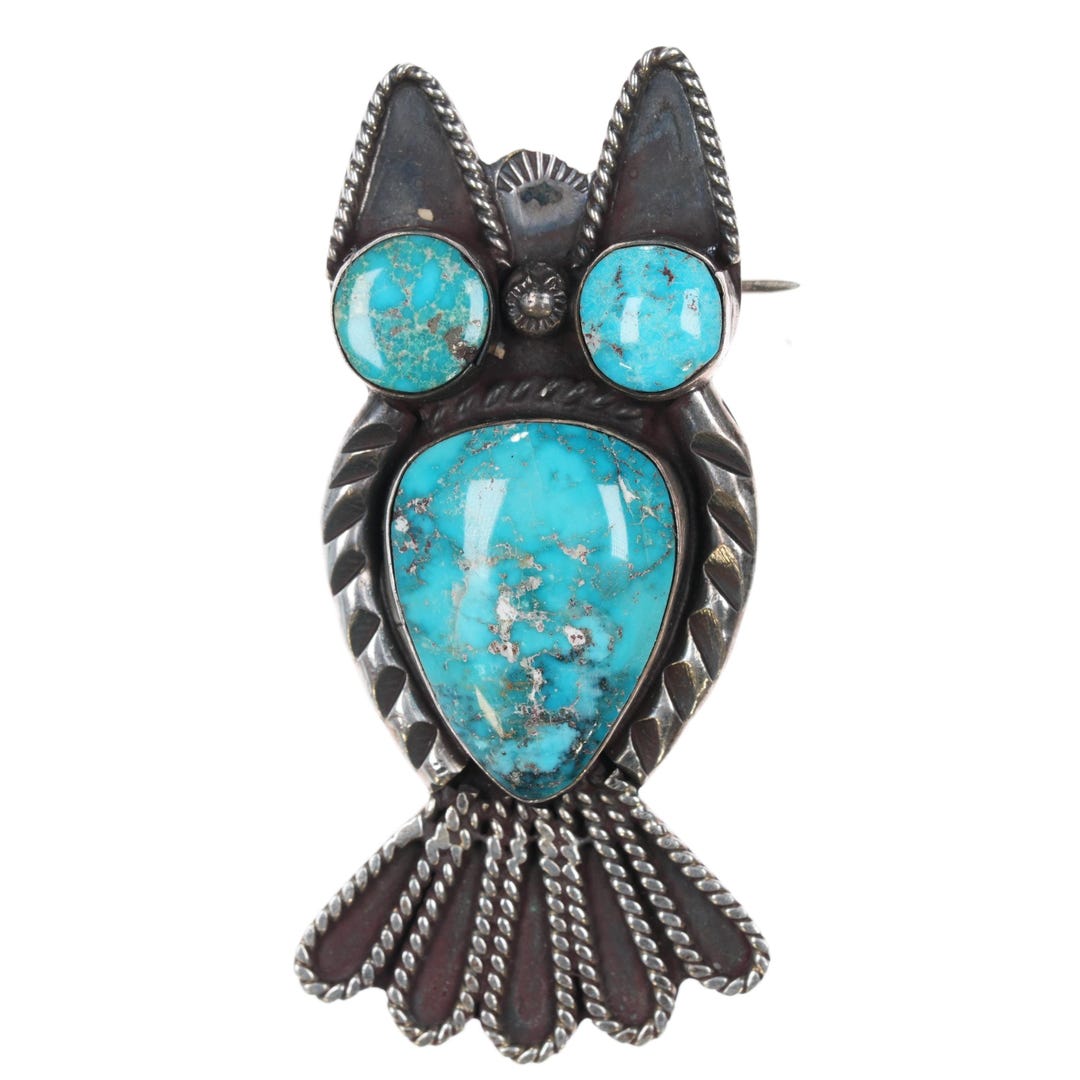 1940's Navajo Sterling Natural American Turquoise Owl Pin Twisted ...