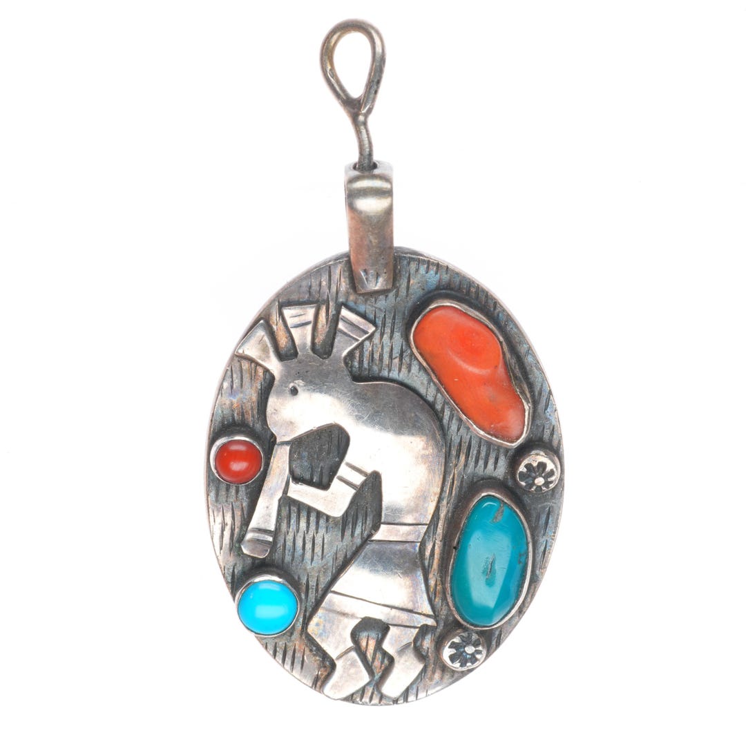 Vintage Navajo Sterling Silver Kokopelli Spinner Pendant Turquoise ...