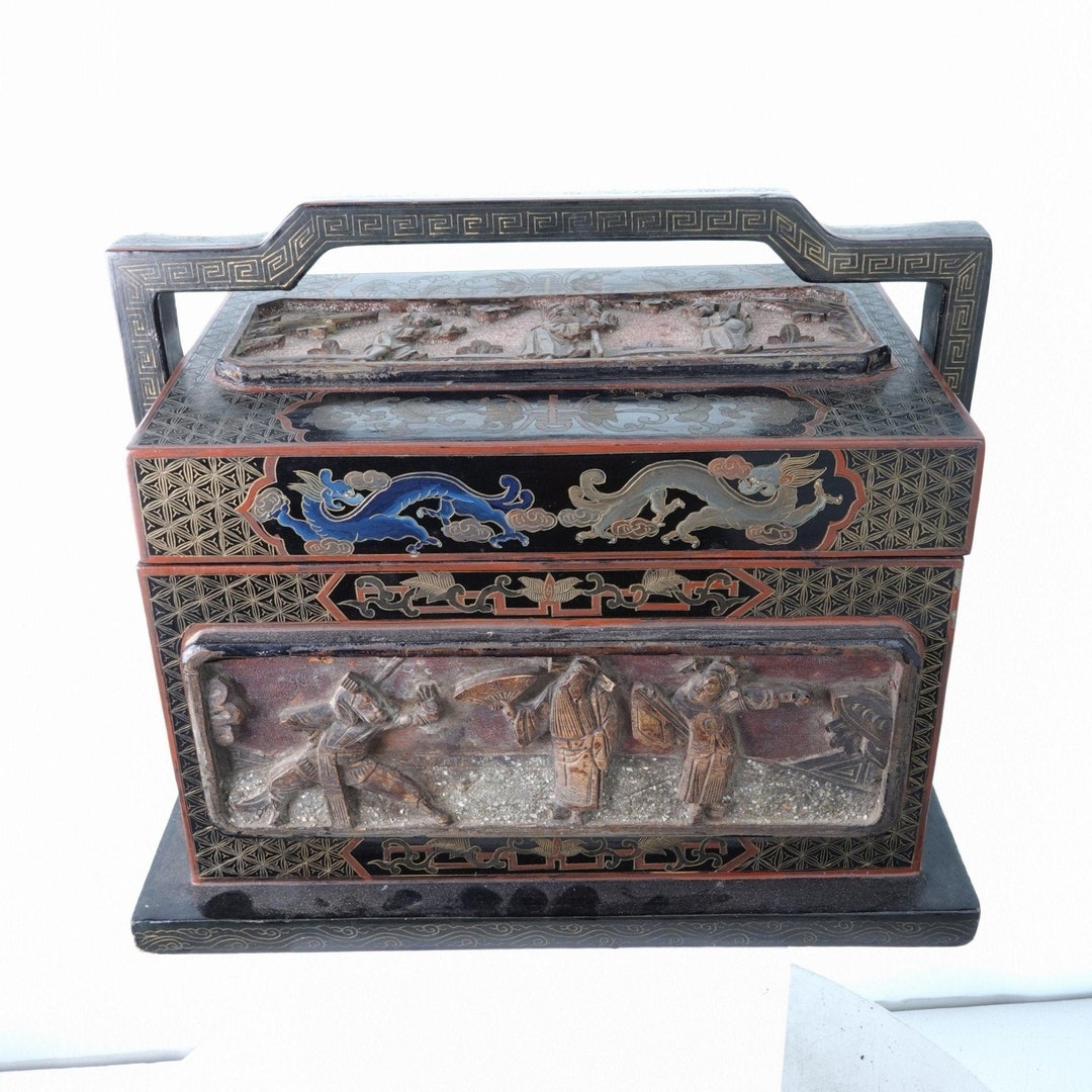 Antique Chinese Handled Box With Mica Inset Wood Carvings - Etsy