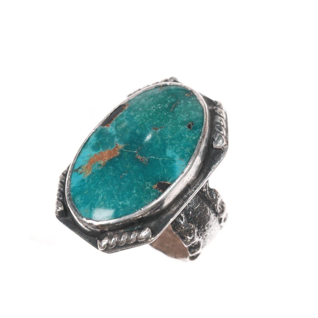 Sz6.25 Wolf Robe Hunt Acoma Silver Tufa Cast Band Ring With Turquoise ...