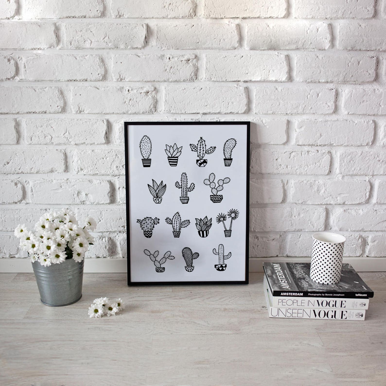 Black and White Cactus Printable. Succulent Plants. Monochrome ...