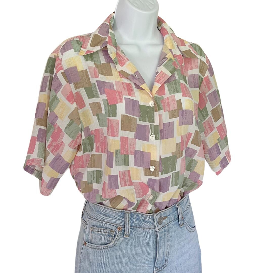 Vintage Bon Worth Button Down Blouse | Side Slits | Square Buttons ...