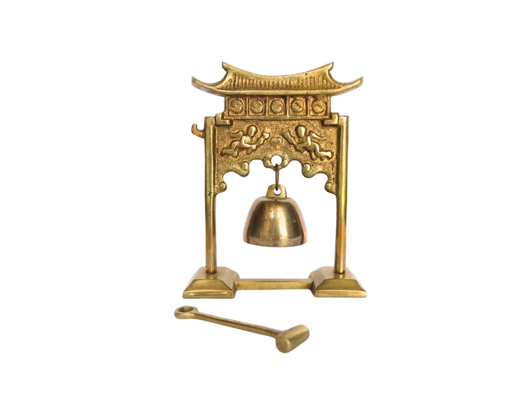 Vintage Solid Brass Pagoda Bell With Gong | Cherub Design, MCM Decor - Etsy