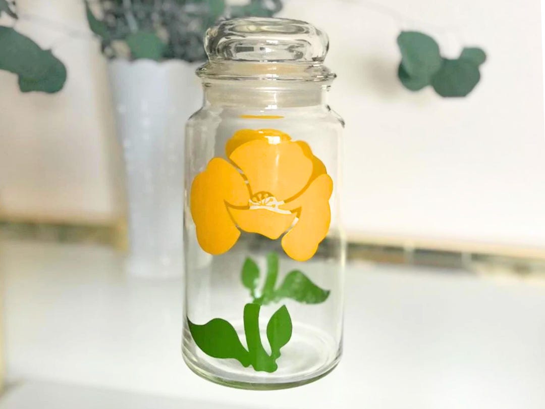 Vintage Yellow Foxy Flower Glass Canister With Bubble Lid | MCM Retro ...