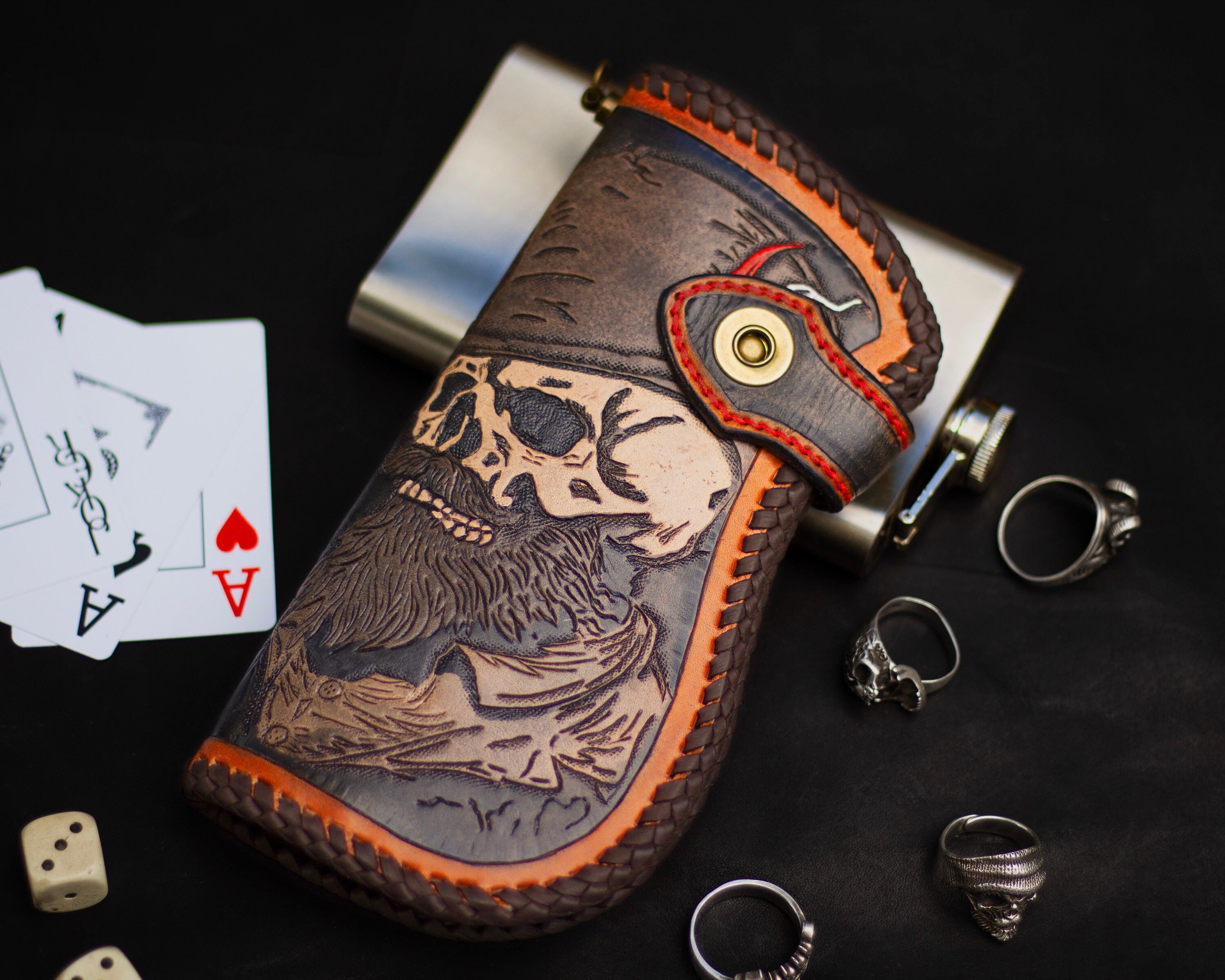 HANDMADE LEATHER Long Biker Laced Wallet Skull Voodoo Ventures, Bifold ...