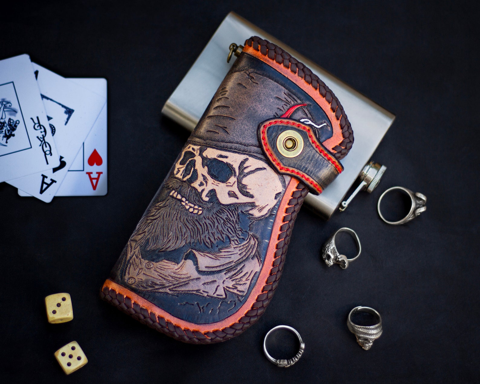 HANDMADE LEATHER Long Biker Laced Wallet Skull Voodoo Ventures, Bifold ...