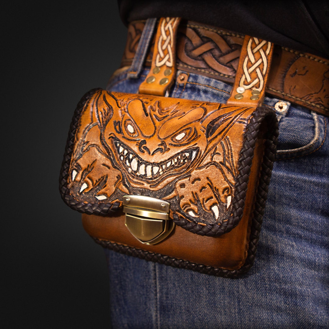 HANDMADE LEATHER Waist Bag Imp, Festival Fanny Pack, Carved Laced ...