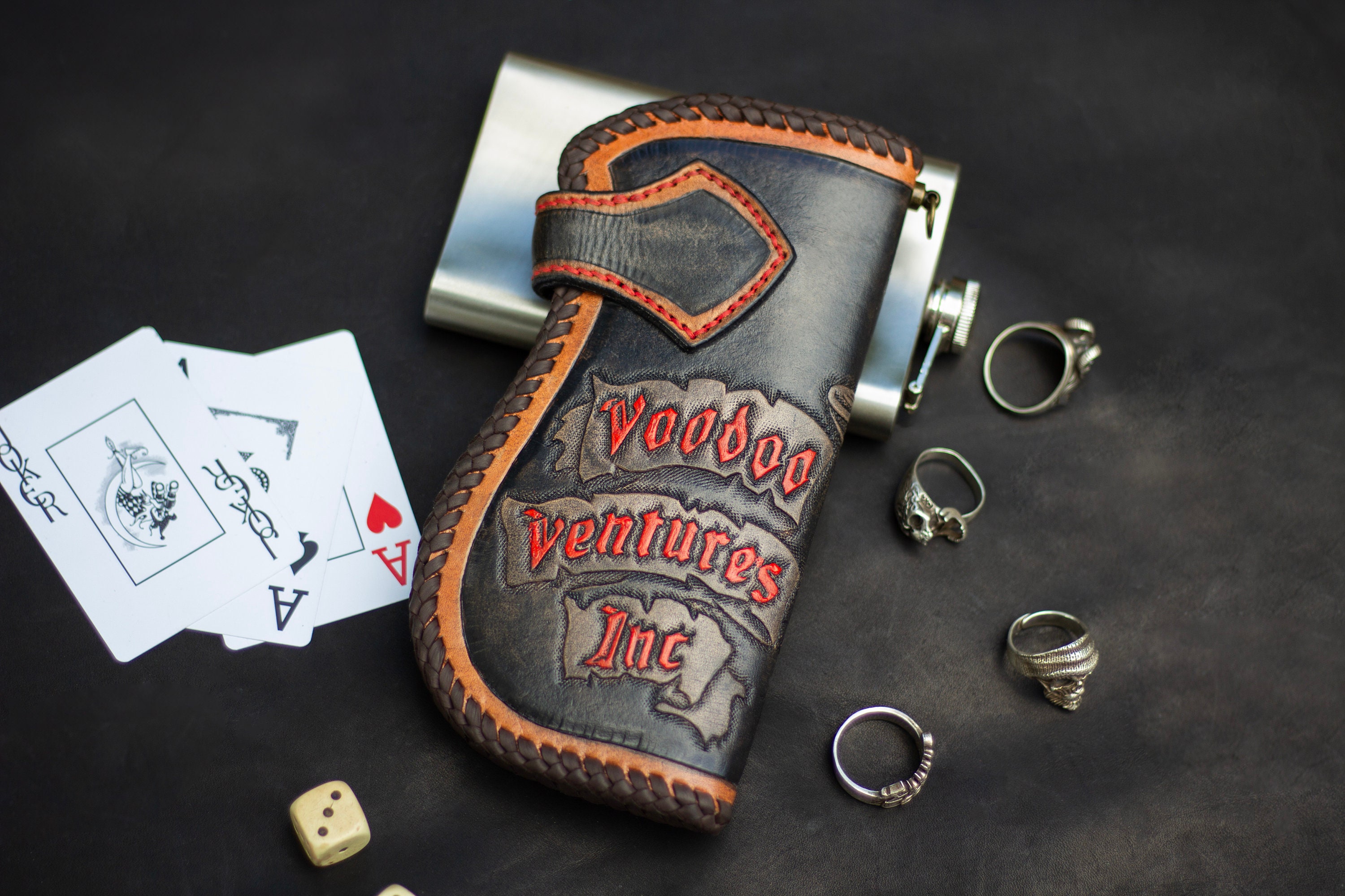 HANDMADE LEATHER Long Biker Laced Wallet Skull Voodoo Ventures, Bifold ...