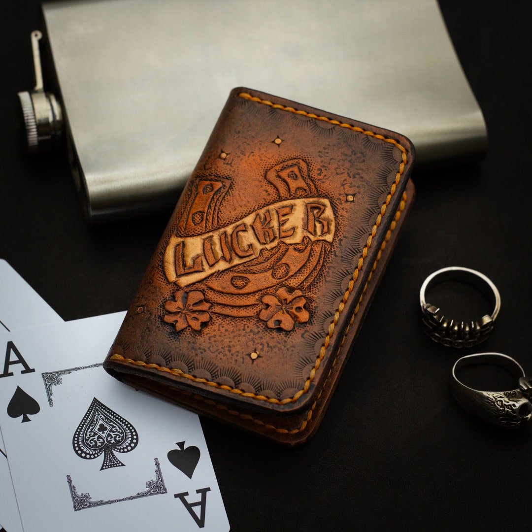 HANDMADE LEATHER Wallet Card Holder Lucker, Four-leaf Clover, Horseshoe ...