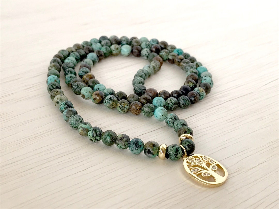 African Turquoise Mala Necklace: 18k Gold Tree of Life Charm - Etsy