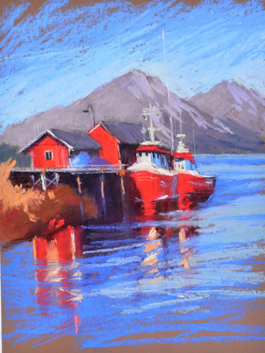 Pier. Original Soft Pastel Drawing of a Sea Pier With Fishing Boats. - Etsy