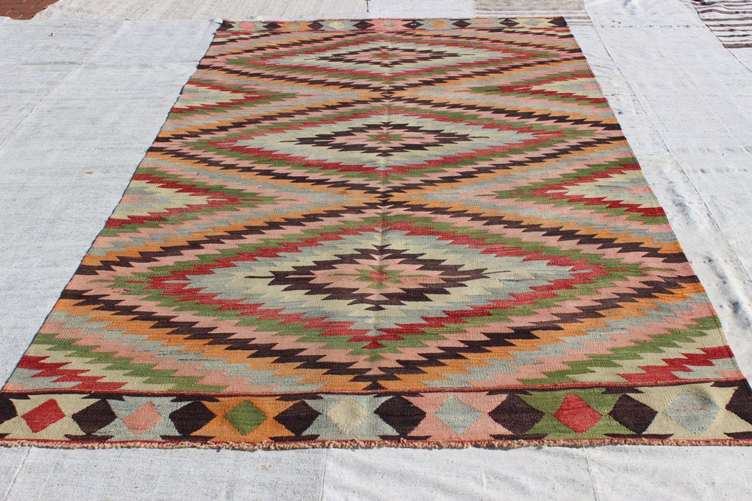 Pink Kilim Rug, 10.8x5.9feet,330x180 Cm,zigzag Pattern Kilim Rug ...