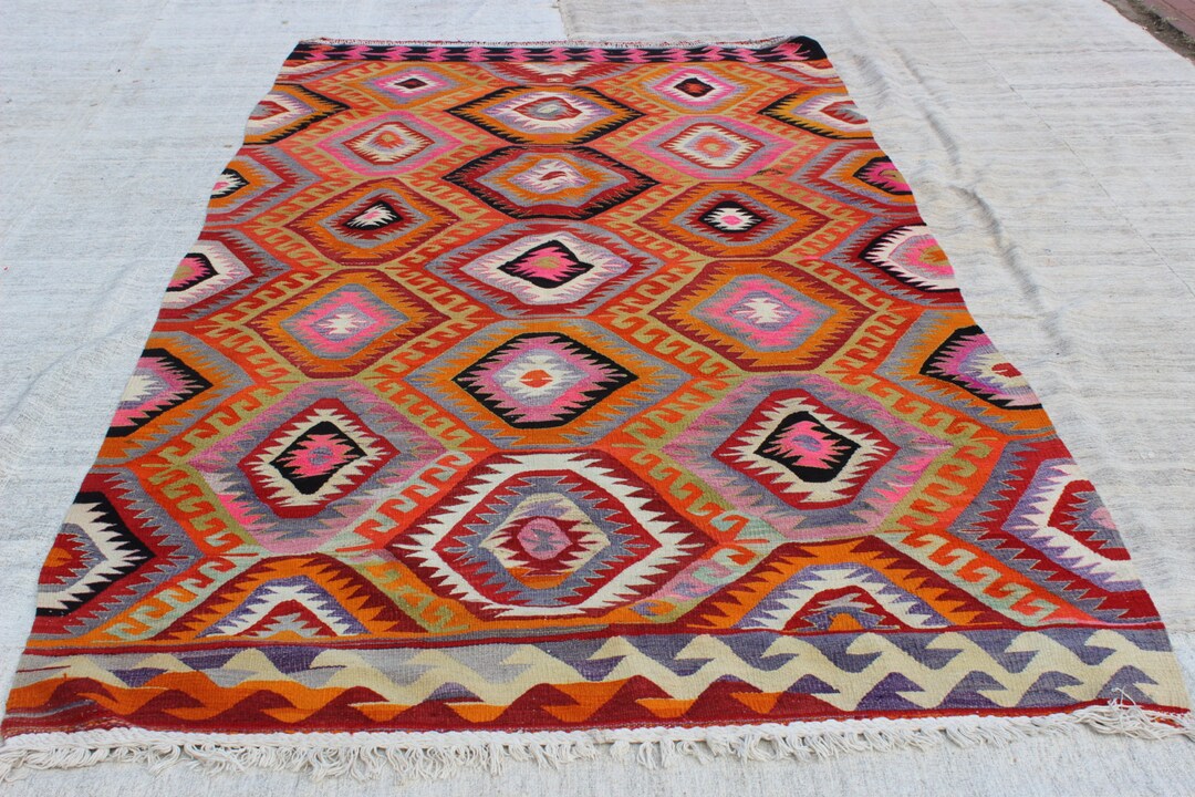 Kilim Rug,9.6x5.8feet,288x172 Cm, Pink Kilim Rug,colorful Kilim Rug ...