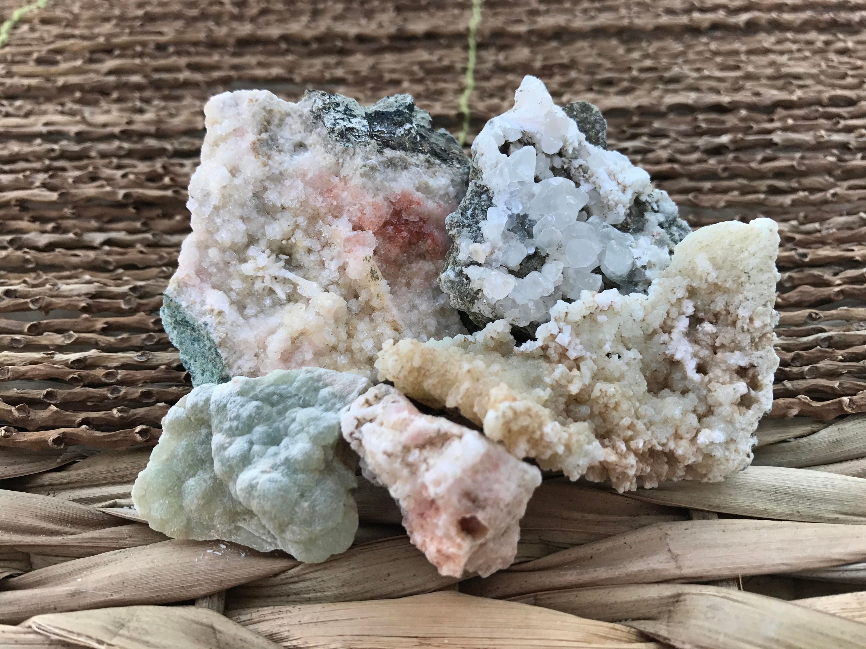 Set of a pink/white analcime specimen, prehnite, and calcite on ...