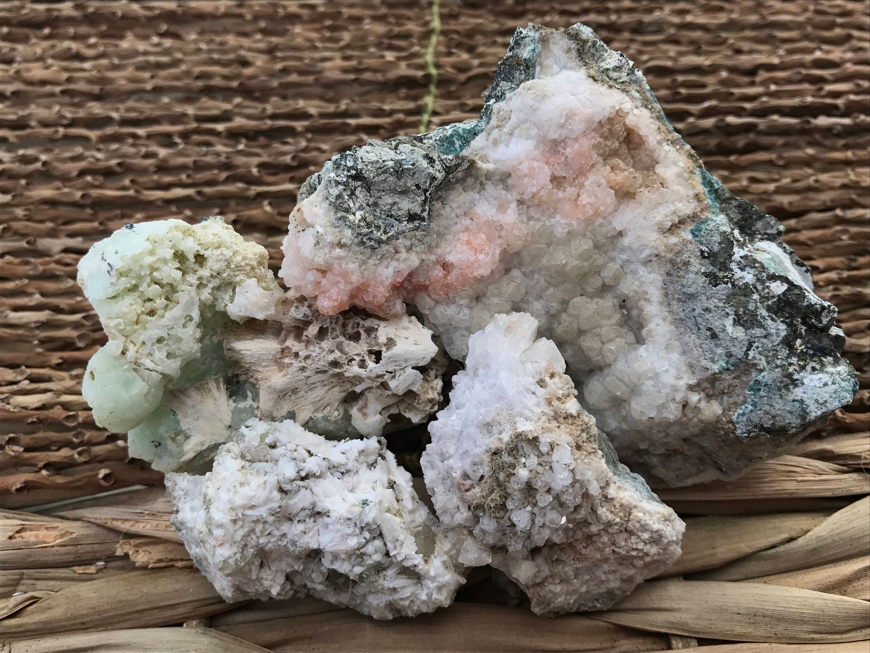 Set of pink/white analcime specimen, prehnite, quartz, and datolite ...