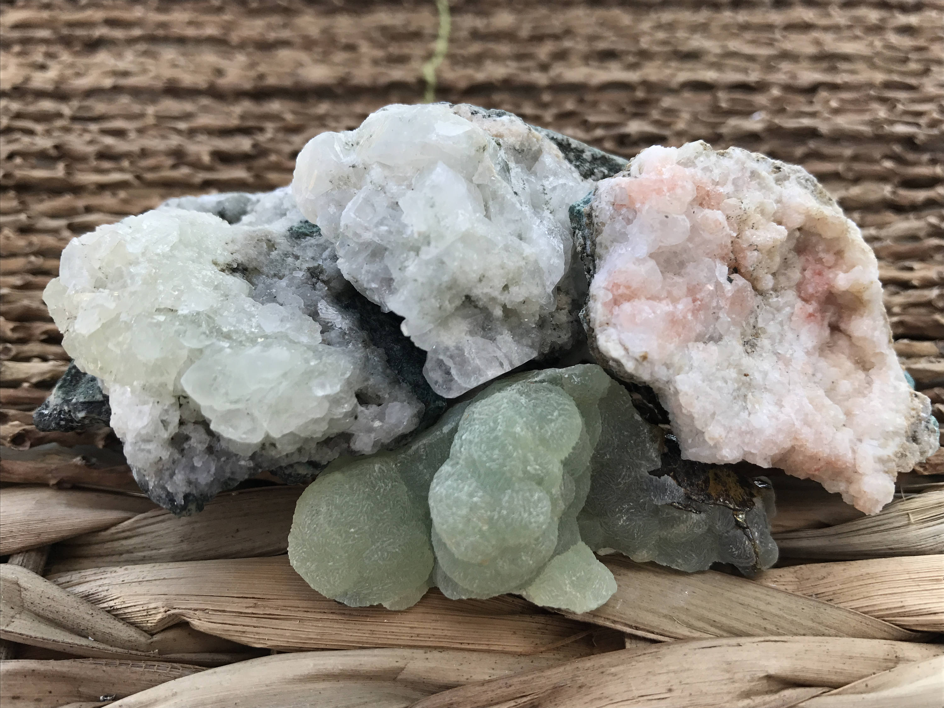 Set of pink/white analcime, prehnite and pyrite, datolite, and ...