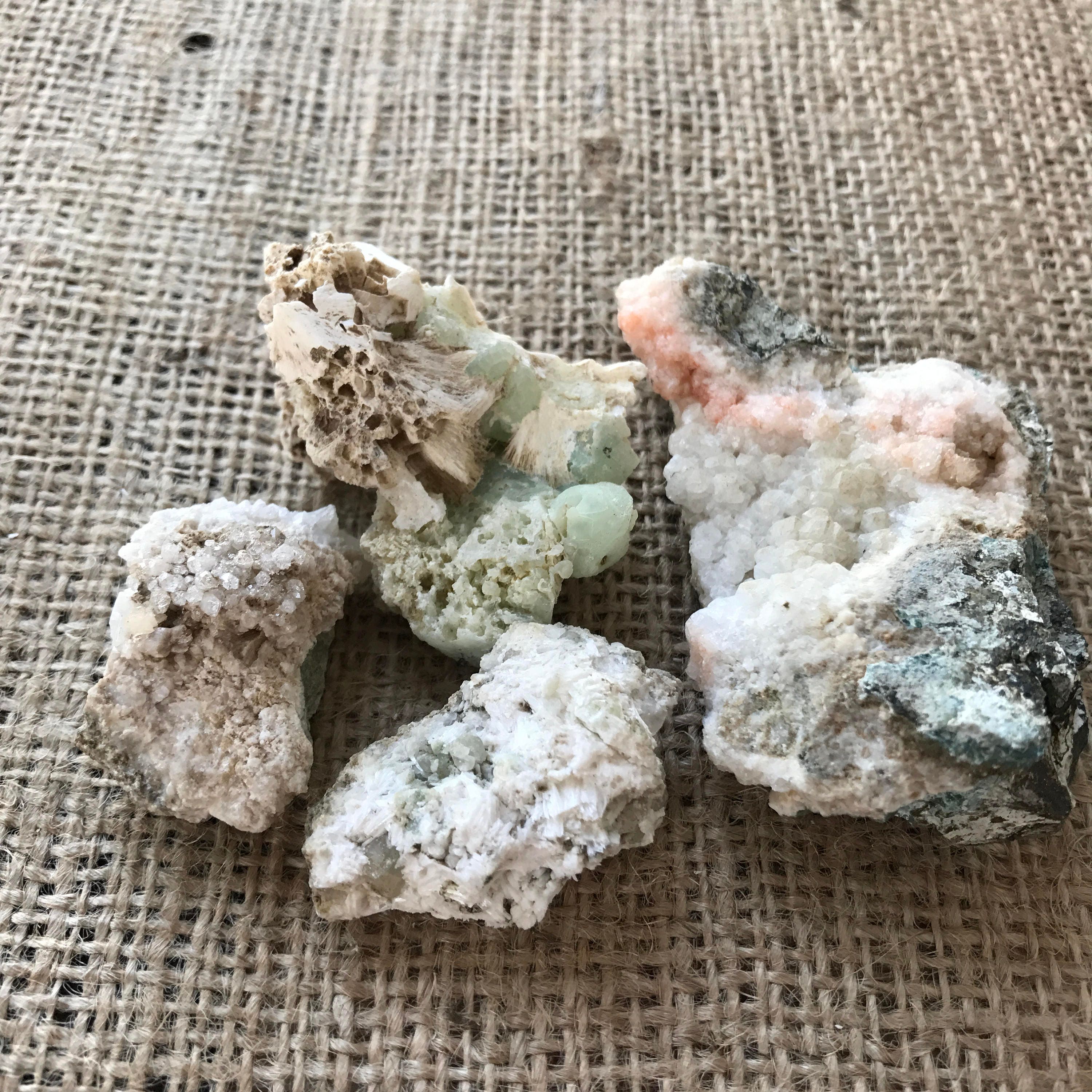 Set of pink/white analcime specimen, prehnite, quartz, and datolite ...