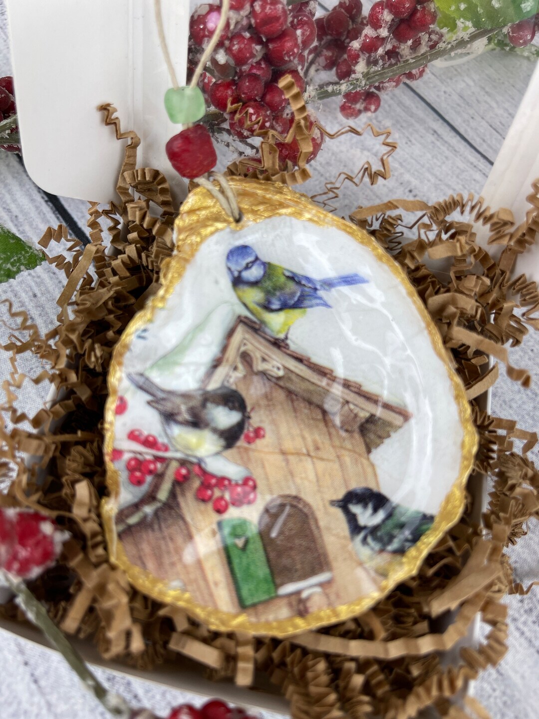Winter Bird Theme Oyster Shell Ornaments With Gold Accents and Glossy ...