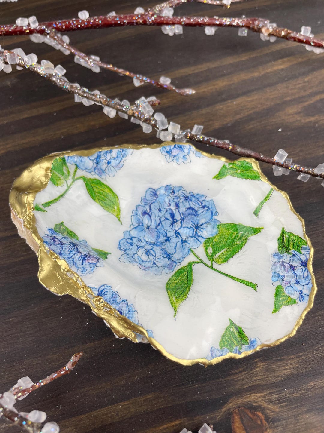 Blue Hydrangea Oyster Shell Ring Dish: Gold Leaf Epoxy Trinket Dish - Etsy
