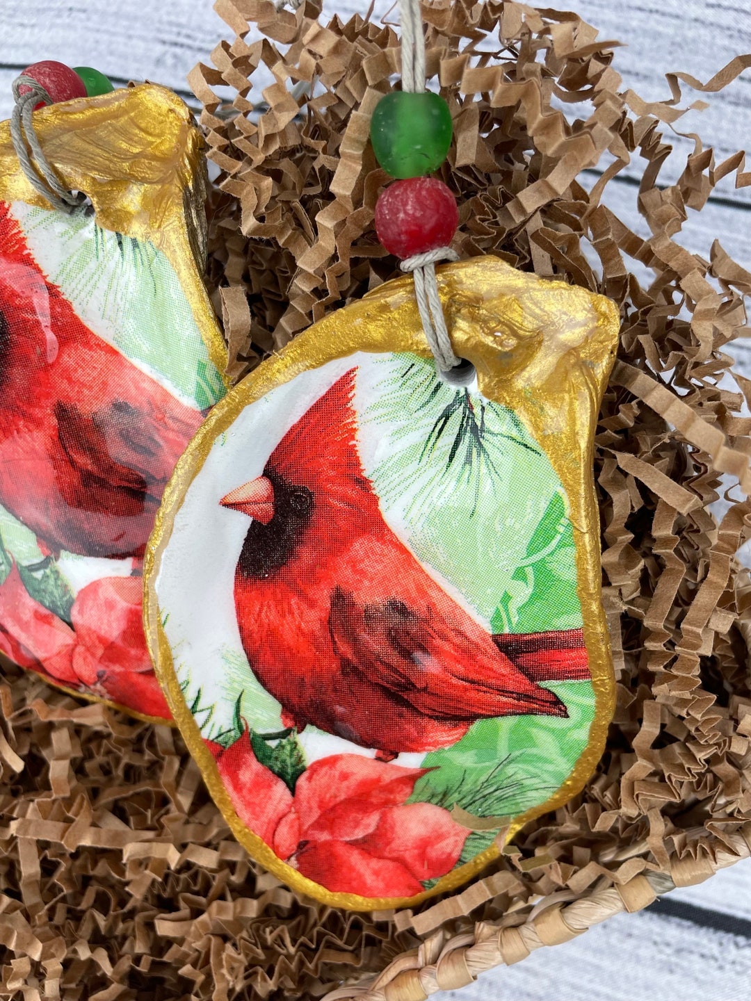 Large Red Cardinal Oyster Shell Ornaments With Gold Accents, Glass ...