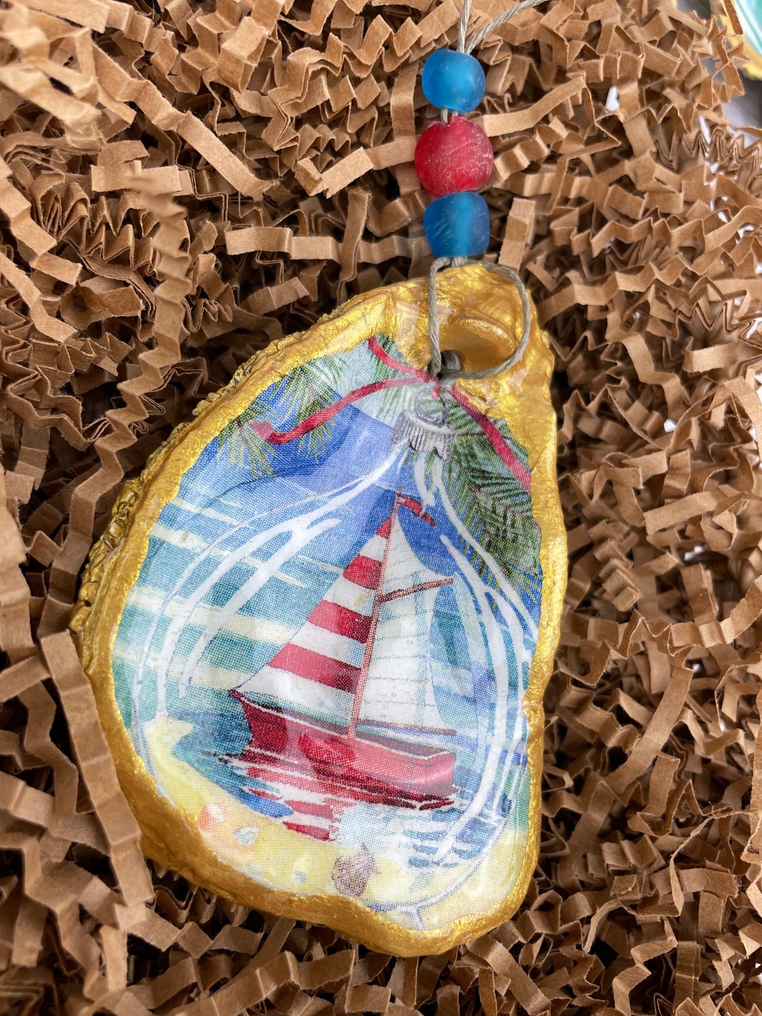 Red and Blue Sailboat Oyster Shell Ornament With Gold Accents and Epoxy ...