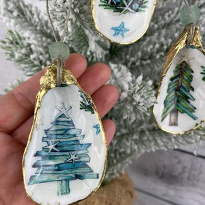 Set of Three Beach Christmas Tree Oyster Shell Ornaments With Gold ...