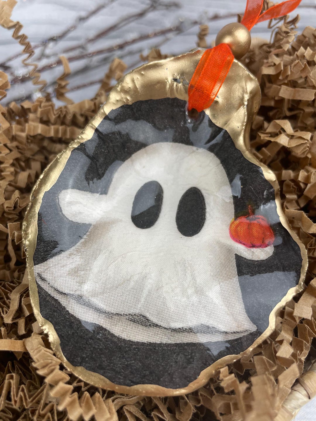 Halloween Ghost Oyster Shell Ornament With Gold Accents, Glossy Epoxy ...