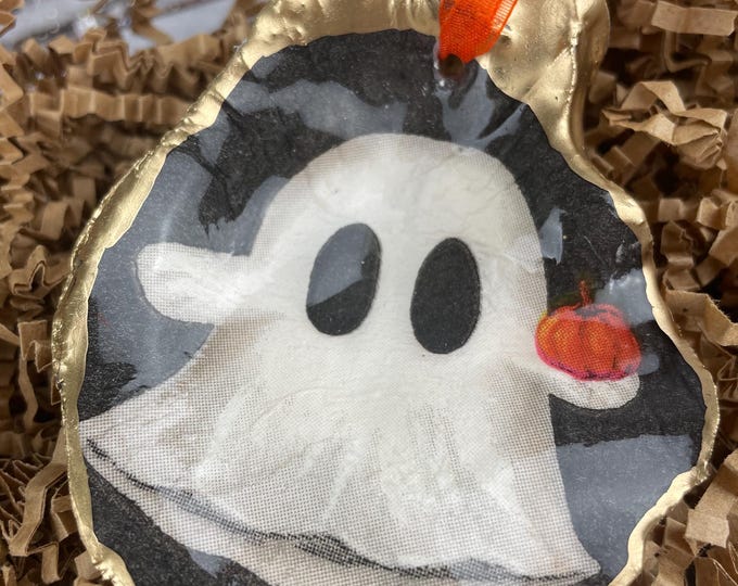 Halloween Ghost Oyster Shell Ornament With Gold Accents, Glossy Epoxy ...