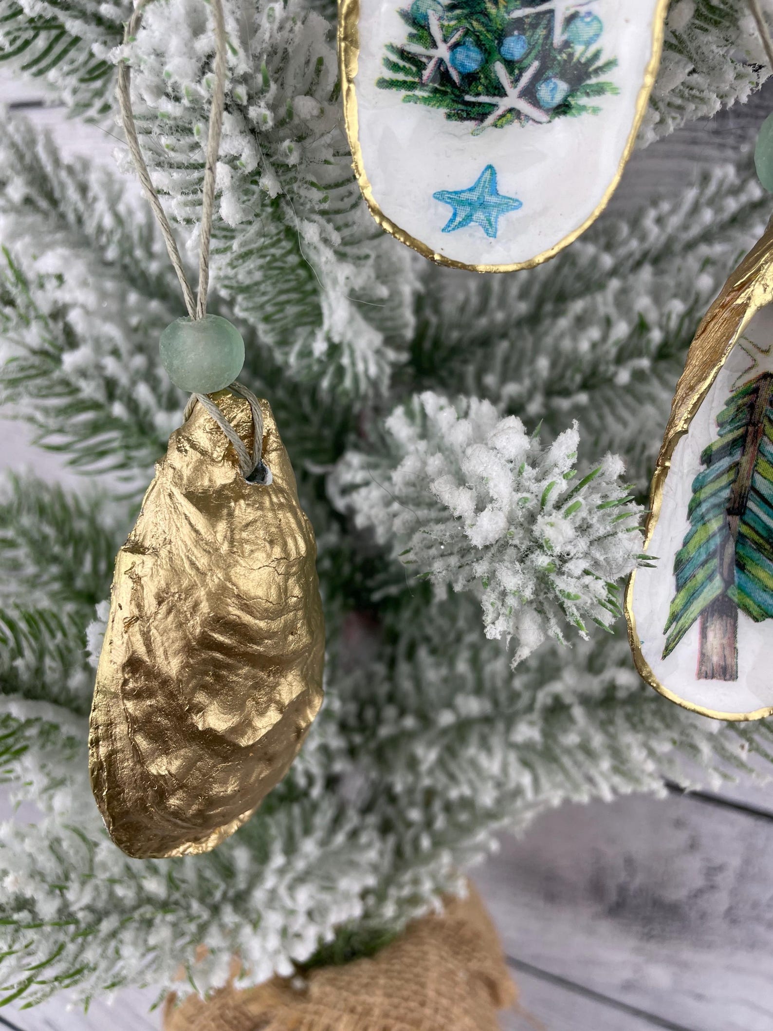 Set of Three Beach Christmas Tree Oyster Shell Ornaments With Gold ...