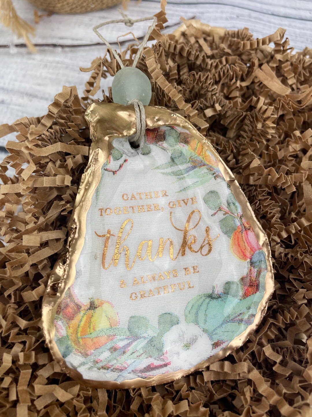 Large Beachy Thanksgiving Oyster Shell Ornament With Gold Accents and ...