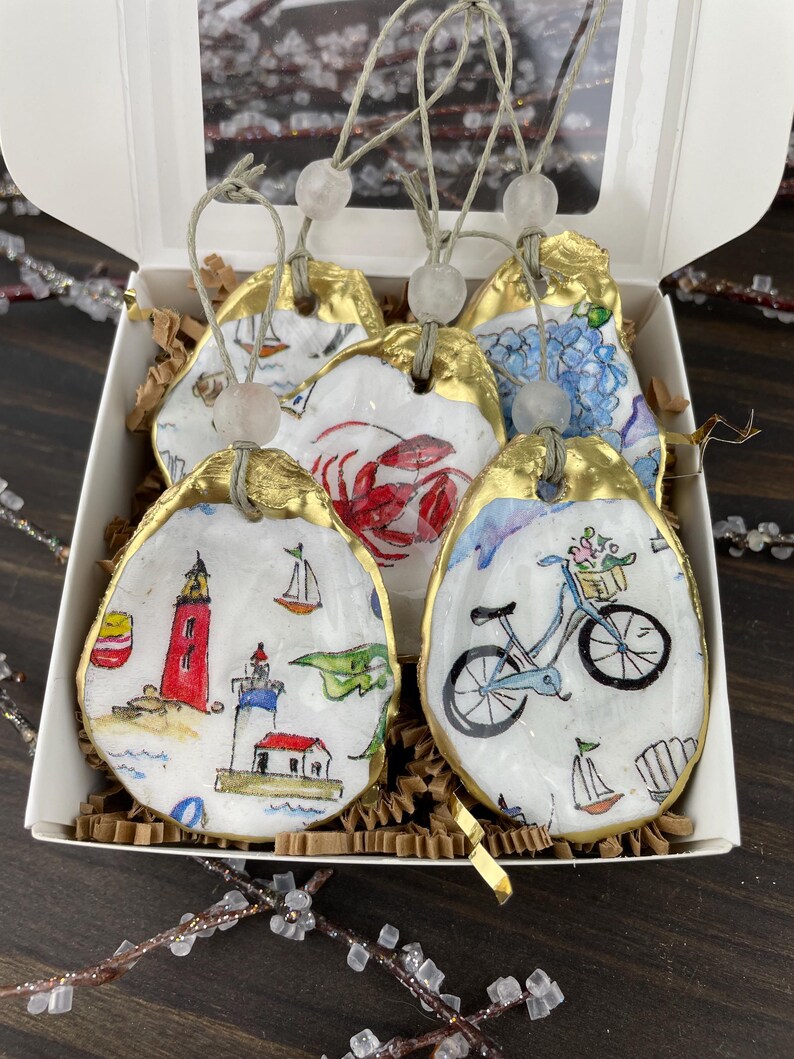 Cape Cod Oyster Shell Ornaments: Coastal Christmas Decor, Set of 5 - Etsy
