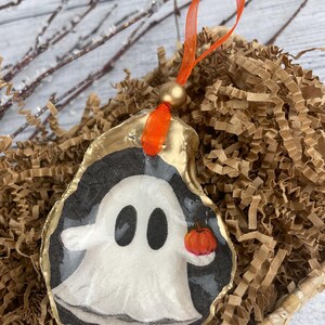 Halloween Ghost Oyster Shell Ornament With Gold Accents, Glossy Epoxy ...