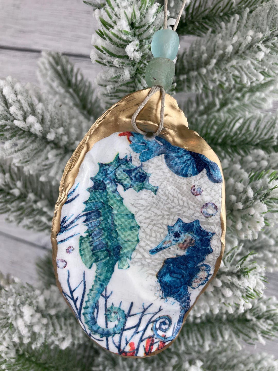 Large Blue Twin Seahorses Oyster Shell Christmas Tree Ornament With ...