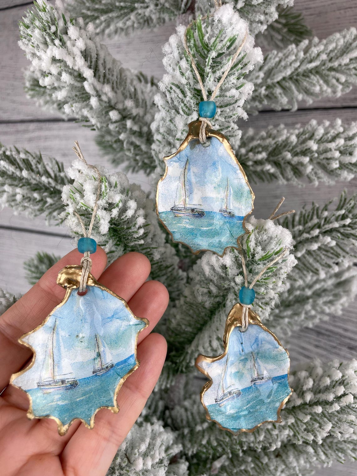 Set of 3 Mini Sailboat Oyster Shell Ornaments With Gold Accents and ...