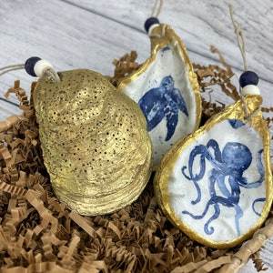 Set of 3 Turtle and Octopus Oyster Shell Ornaments With Gold Accents ...