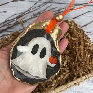 Halloween Ghost Oyster Shell Ornament With Gold Accents, Glossy Epoxy ...