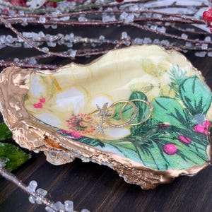 Tropical Flower Oyster Shell Ring Dish, Epoxied Trinket Dish, Beach ...