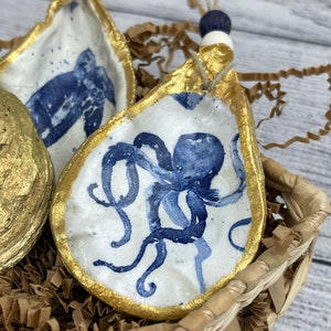 Set of 3 Turtle and Octopus Oyster Shell Ornaments With Gold Accents ...