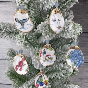 Set of 6 Mini Cape Cod Themed Oyster Shell Ornaments With Gold Accents ...