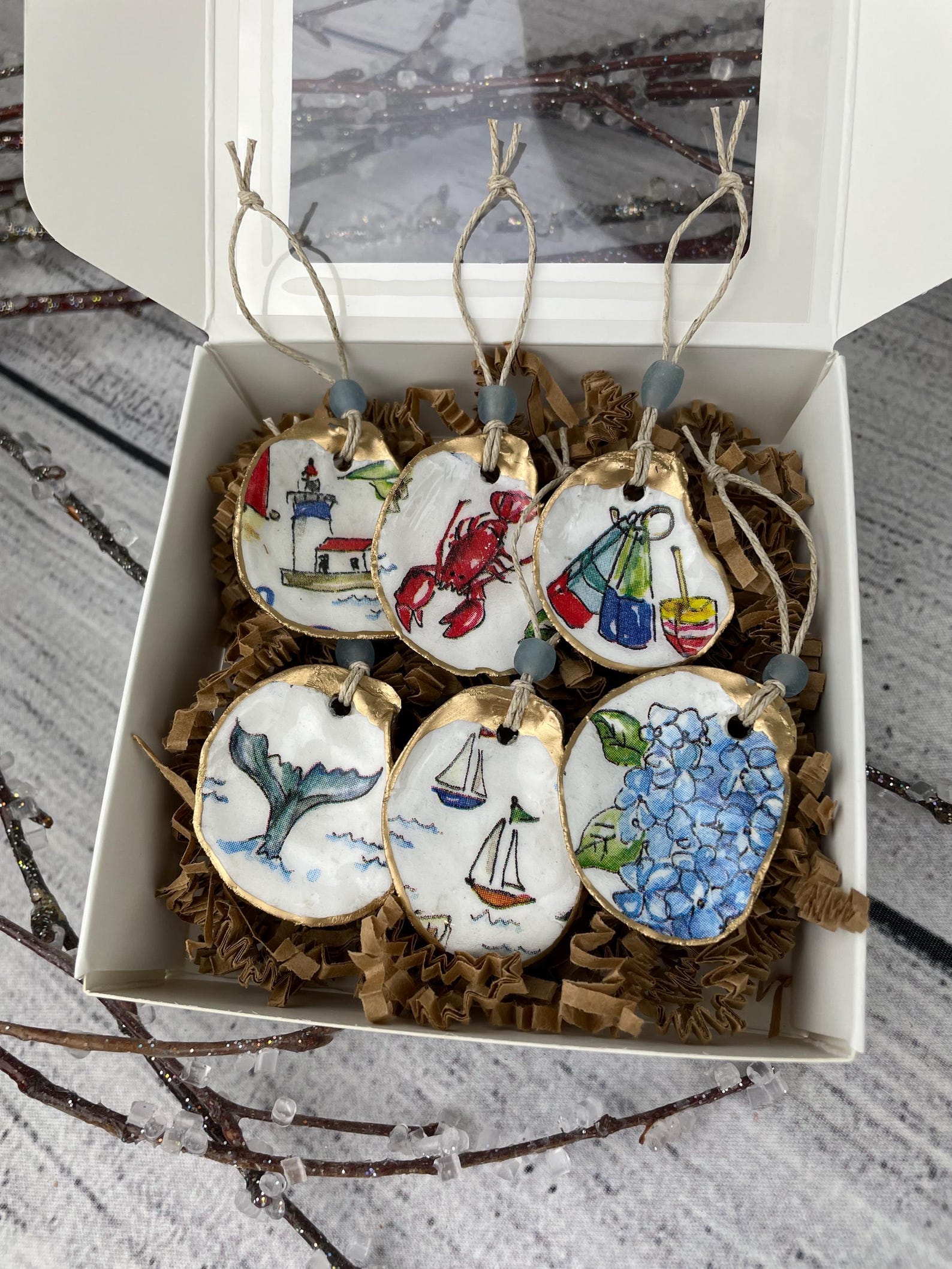 Set of 6 Mini Cape Cod Themed Oyster Shell Ornaments With Gold Accents ...