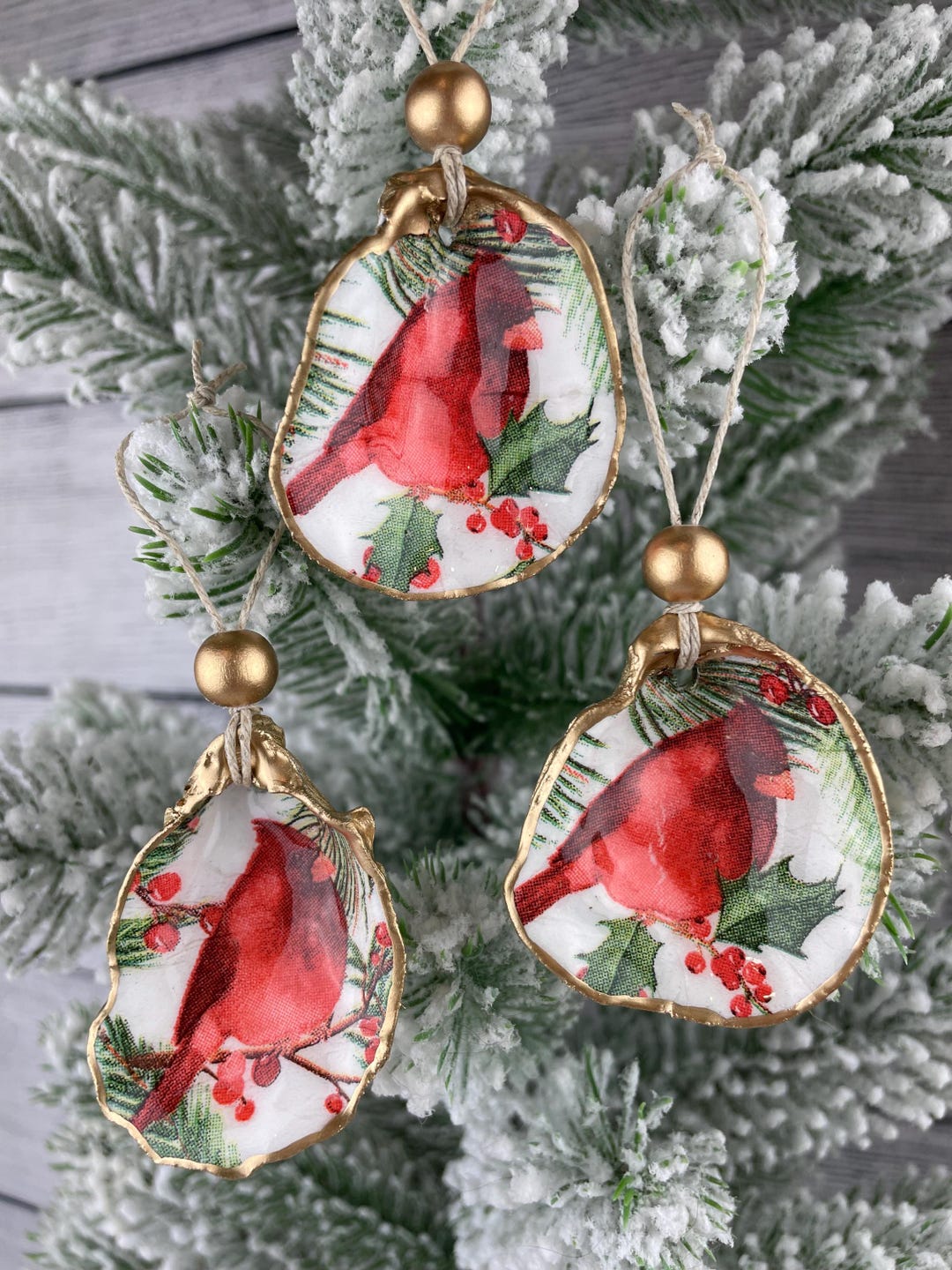 Set of 3 Mini Red Cardinal Oyster Shell Ornaments With Gold Accents and ...