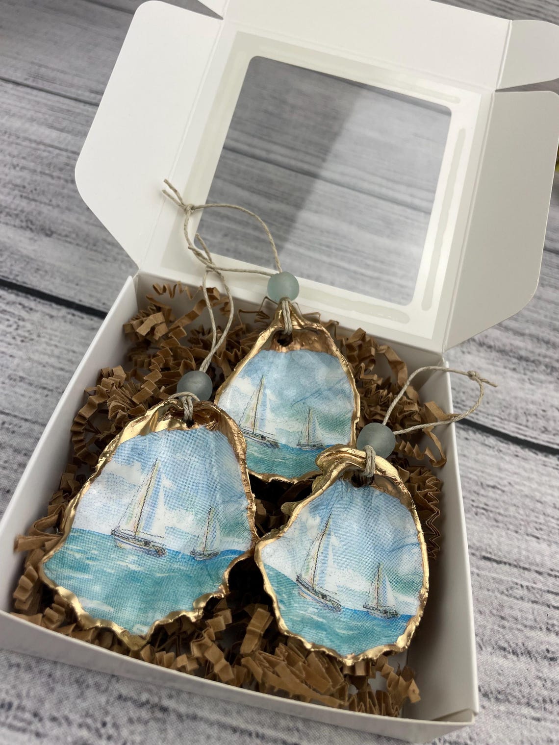 Set of 3 Mini Sailboat Oyster Shell Ornaments With Gold Accents and ...