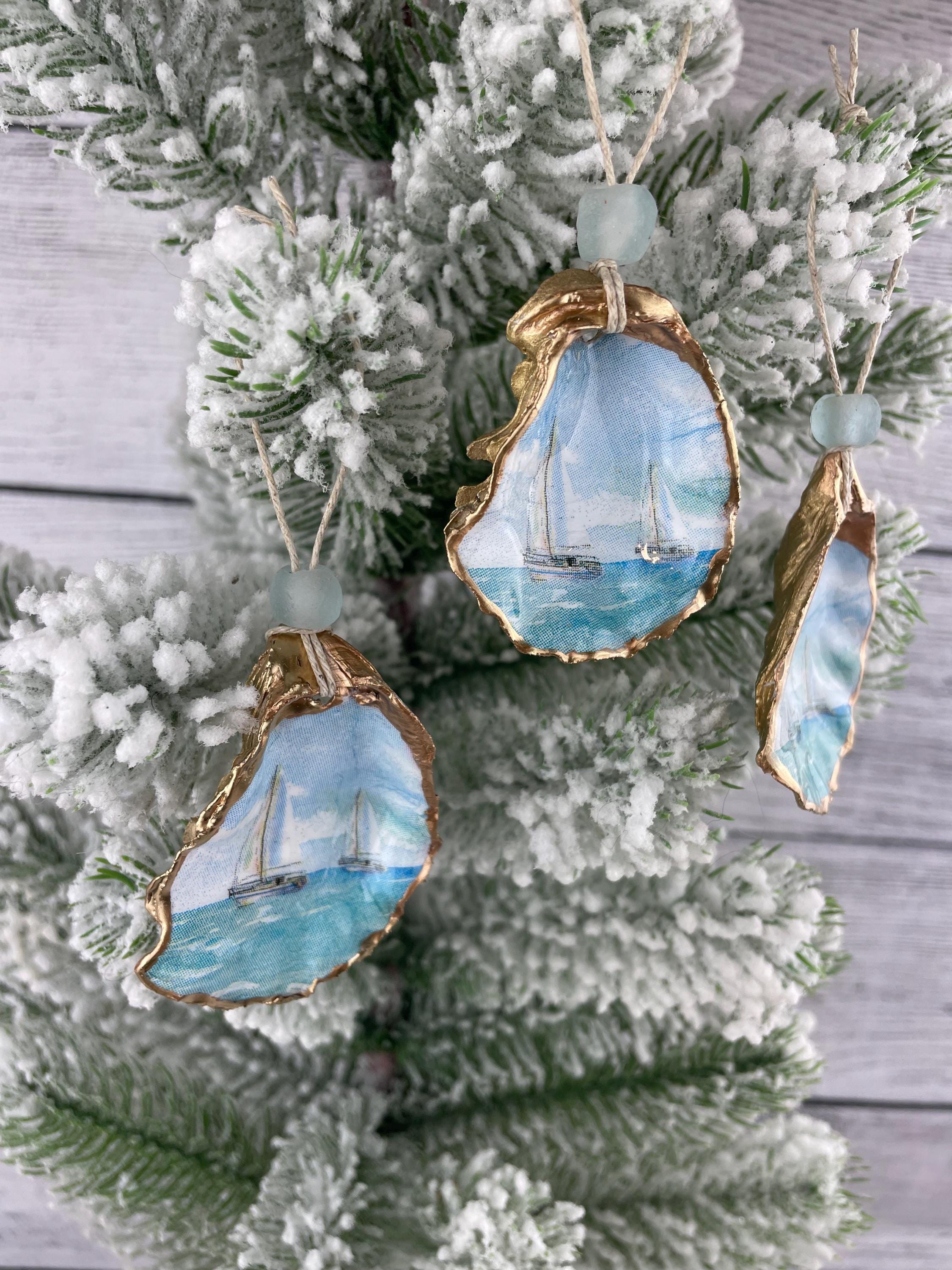 Set of 3 Mini Sailboat Oyster Shell Ornaments With Gold Accents and ...