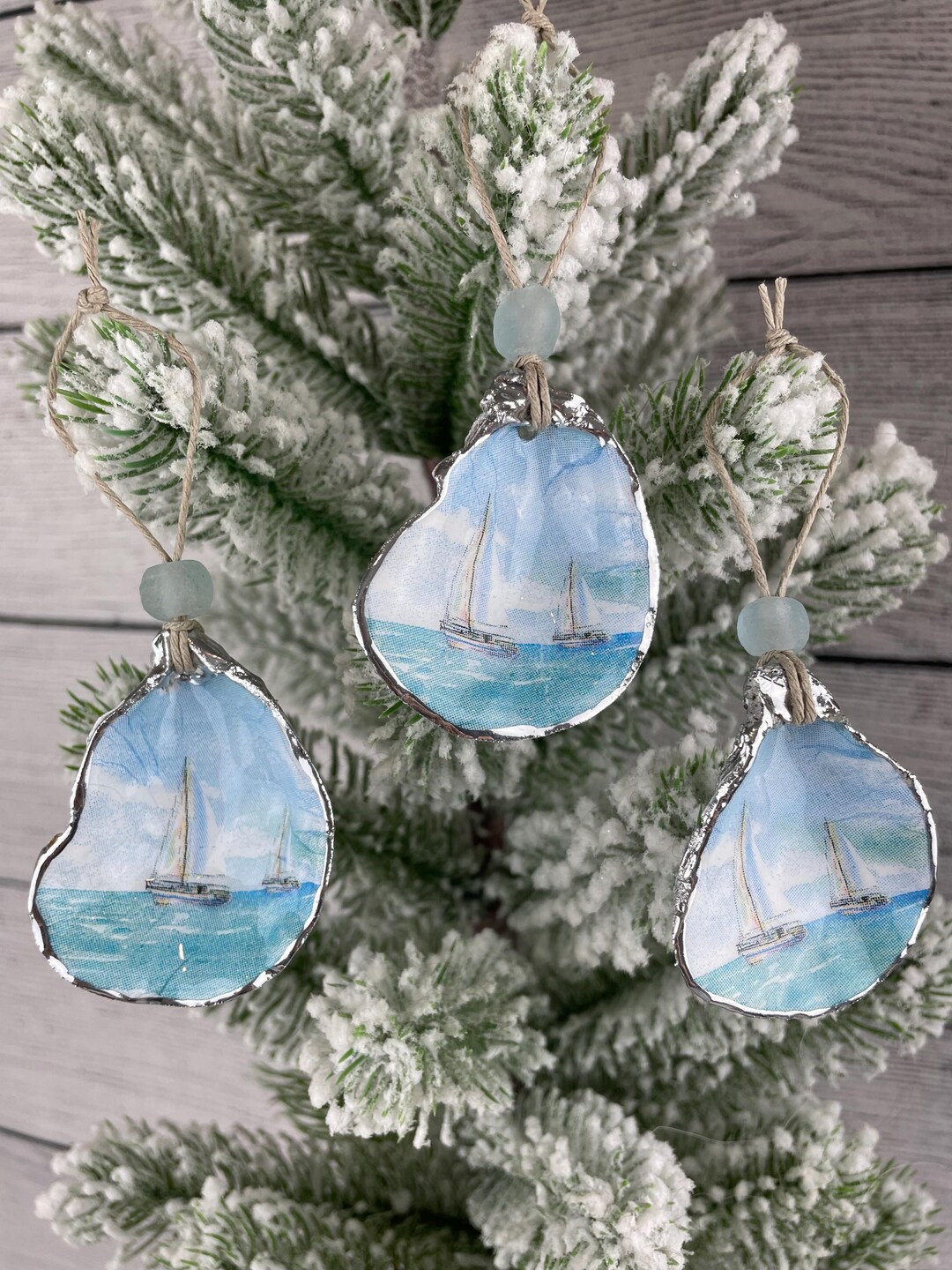 Set of 3 Mini Sailboat Oyster Shell Ornaments With Silver Accents and ...