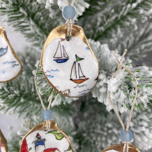 Set of 6 Mini Cape Cod Themed Oyster Shell Ornaments With Gold Accents ...